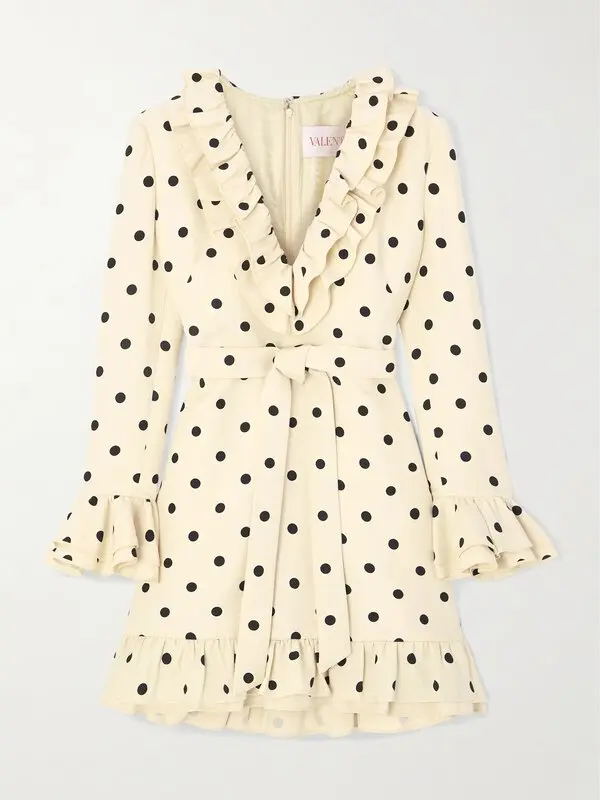 Valentino Garavani Belted Ruffled Polka-dot Wool And Silk-blend Mini Dress - Off-white