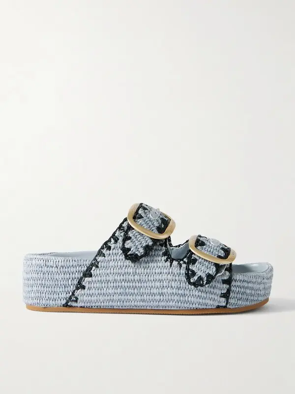 LOEFFLER RANDALL Theo Embroidered Raffia Platform Slides - Blue