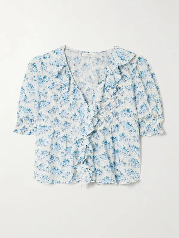 DÔEN Henri Floral-print Organic Cotton-voile Top - Blue