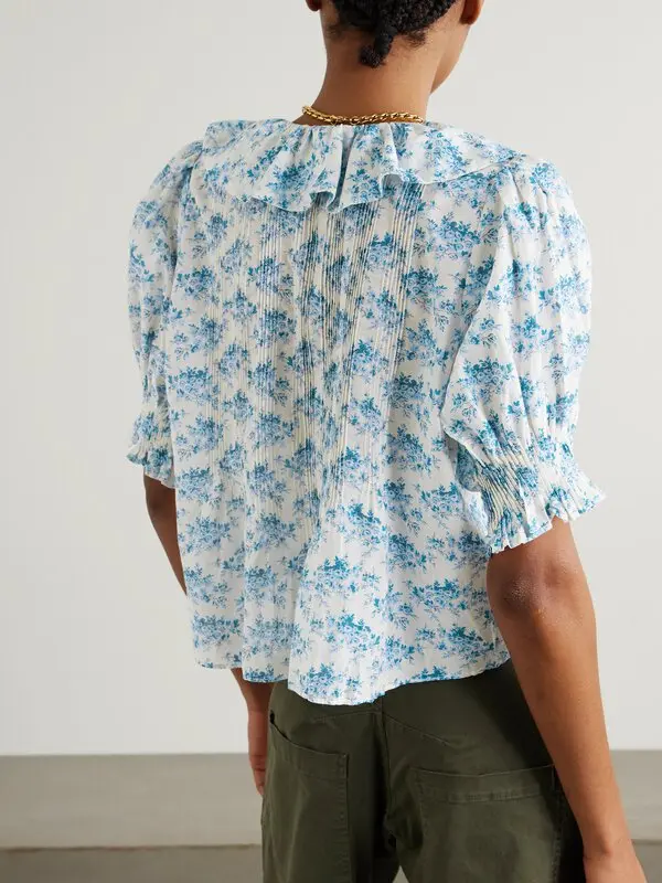 DÔEN Henri Floral-print Organic Cotton-voile Top - Blue