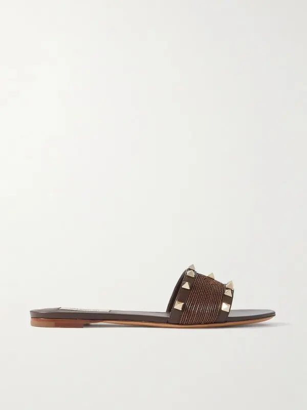 Valentino Garavani Rockstud Raffia And Leather Slides - Brown