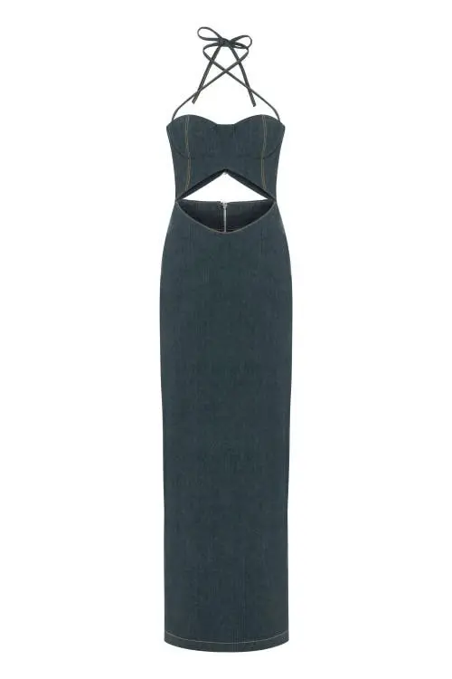 JENDUE Monte Maxi Denim Dress With Halter Neck And Cutout Waist