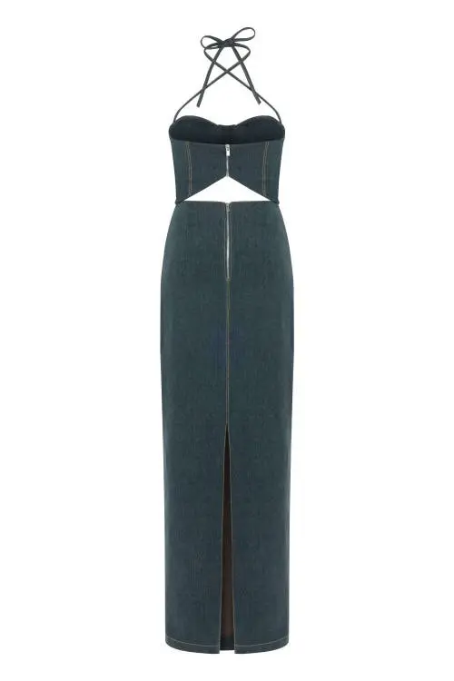 JENDUE Monte Maxi Denim Dress With Halter Neck And Cutout Waist