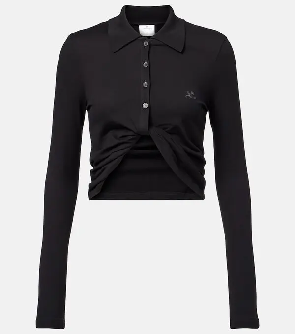 COURREGES Cropped Cotton Polo Shirt - Black