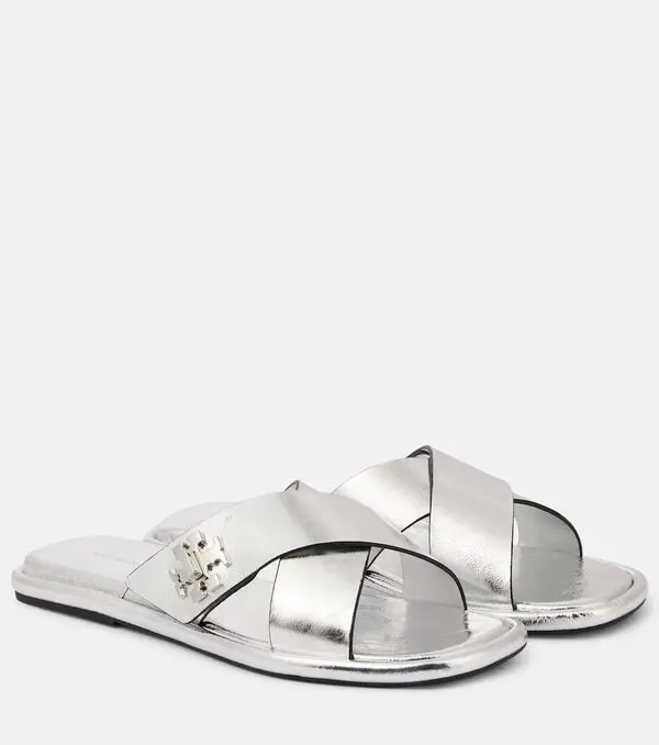 Tory Burch T Lock Metallic Leather Slides - Silver