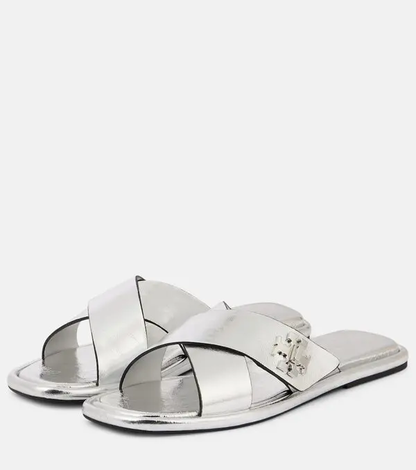 Tory Burch T Lock Metallic Leather Slides