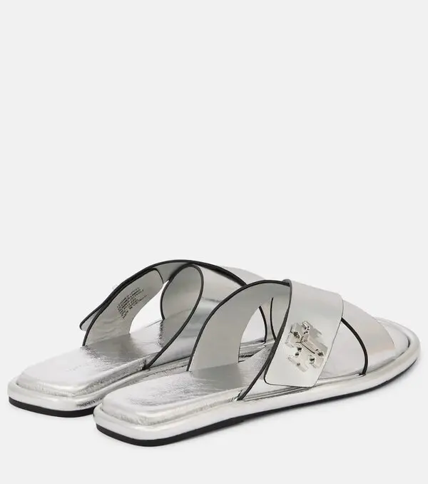 Tory Burch T Lock Metallic Leather Slides