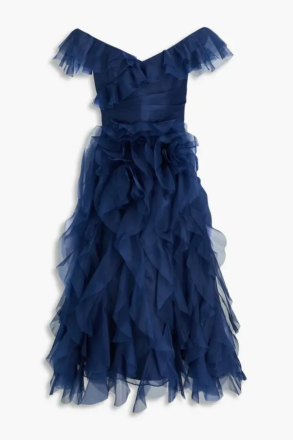 Marchesa Off-the-shoulder Ruffled Silk-organza Midi Dress - Navy