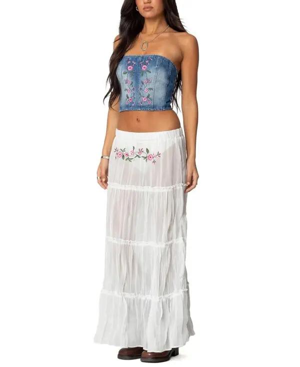 EDIKTED Tula Embroidered Denim Corset