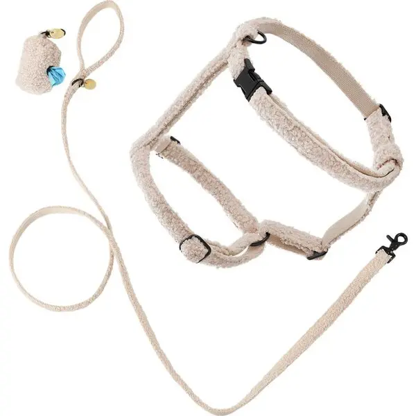 THE LICKER STORE Teddy Bouclé Adjustable H Harness And Leash Walk Set With Poop Bag Pouch - Beige