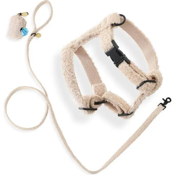 THE LICKER STORE Teddy Bouclé Adjustable H Harness And Leash Walk Set With Poop Bag Pouch - Beige