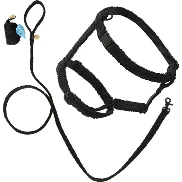 THE LICKER STORE Teddy Bouclé Adjustable H Harness And Leash Walk Set With Poop Bag Pouch - Black