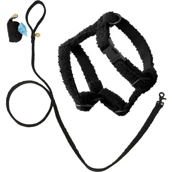 THE LICKER STORE Teddy Bouclé Adjustable H Harness And Leash Walk Set With Poop Bag Pouch - Black
