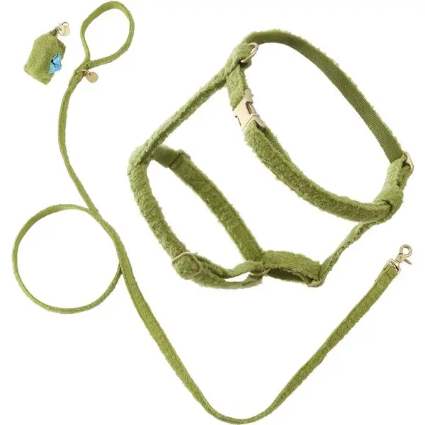 THE LICKER STORE Teddy Bouclé Adjustable H Harness And Leash Walk Set With Poop Bag Pouch - Olive Green