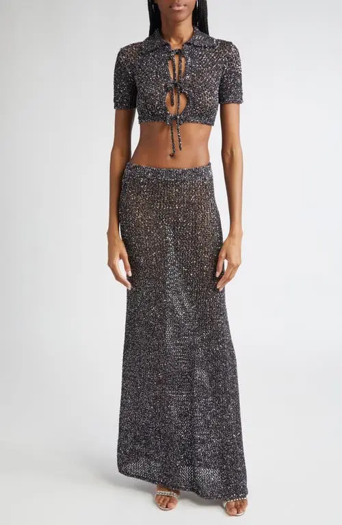 AREA Sequin Crochet Maxi Skirt - Black