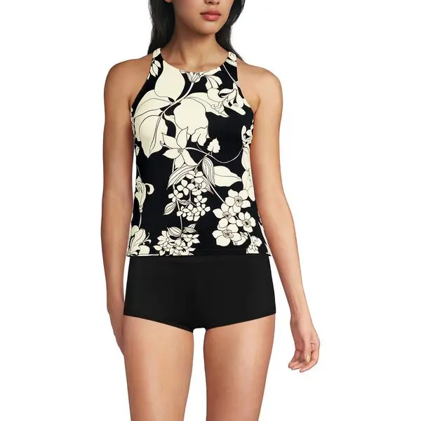 LANDS' END D-cup High Neck Strappy Back Tankini Top - Black/egret Lilies