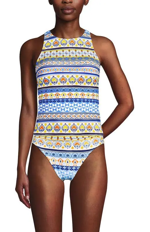 LANDS' END D-cup High Neck Strappy Back Tankini Swimsuit Top - White Mosaic Multi Stripe
