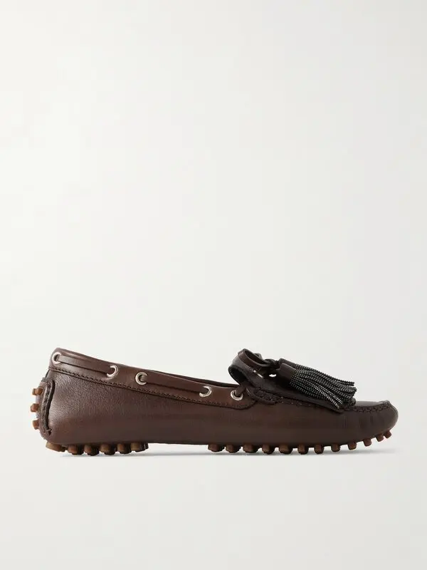 Brunello Cucinelli Tasseled Fringed Bead-embellished Leather Loafers - Brown