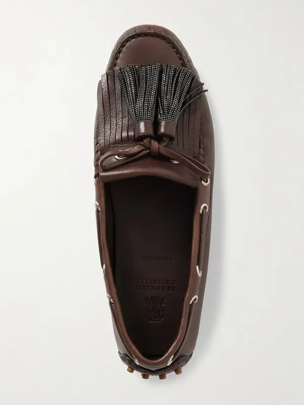 Brunello Cucinelli Tasseled Fringed Bead-embellished Leather Loafers - Brown
