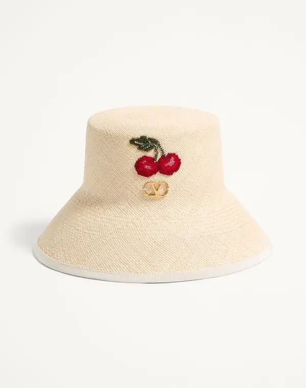Valentino Garavani Vlogo Signature Straw Bucket Hat With Cherryfic Embroidery - Natural/multicolour
