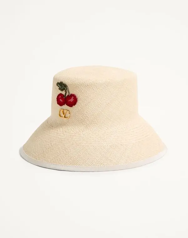 Valentino Garavani Vlogo Signature Straw Bucket Hat With Cherryfic Embroidery - Natural/multicolour