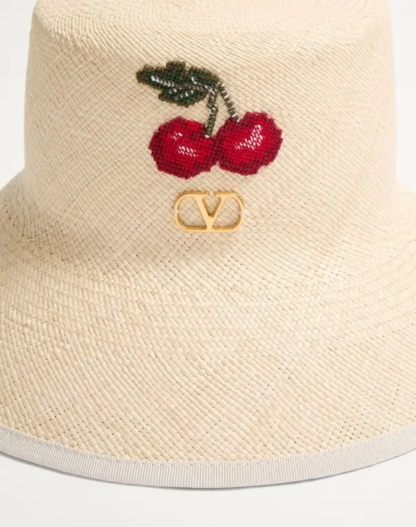 Valentino Garavani Vlogo Signature Straw Bucket Hat With Cherryfic Embroidery - Natural/multicolour