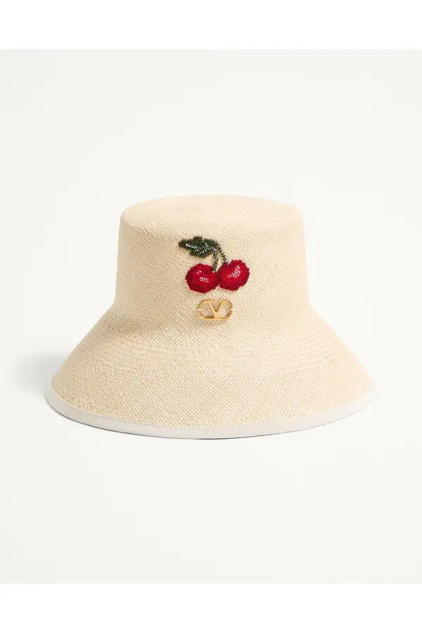 Valentino Garavani Vlogo Signature Straw Bucket Hat With Leather Trim And Cherry Embroidery - Multicolor