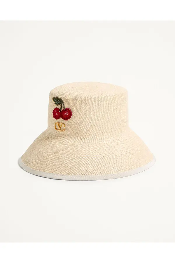 Valentino Garavani Vlogo Signature Straw Bucket Hat With Leather Trim And Cherry Embroidery - Multicolor