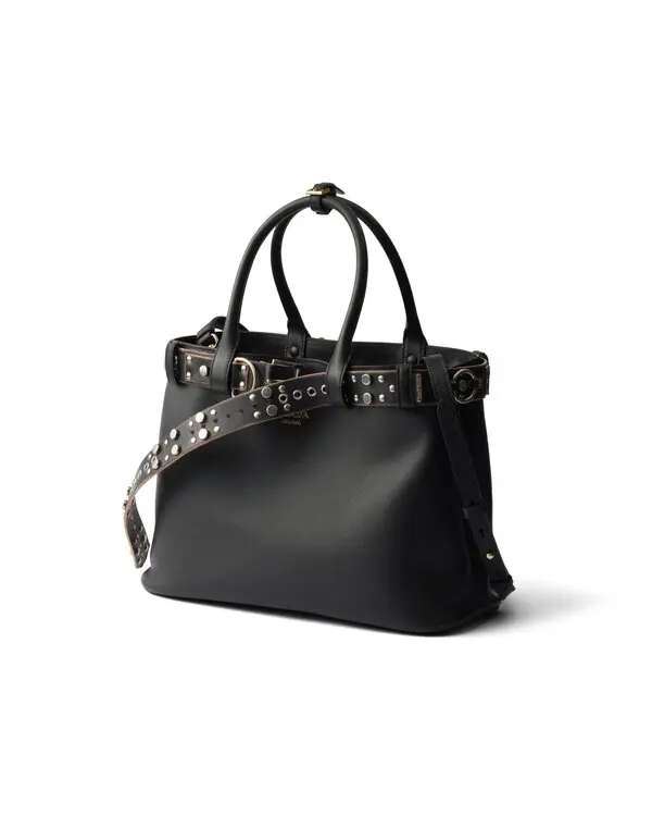 Prada Leather Handbag With Studded Belt - Black