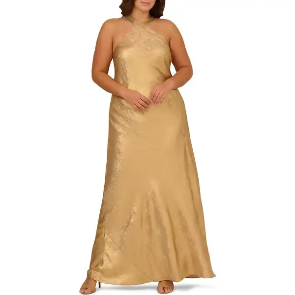 Adrianna Papell Foil Woven Halter Gown - Light Gold | Editorialist