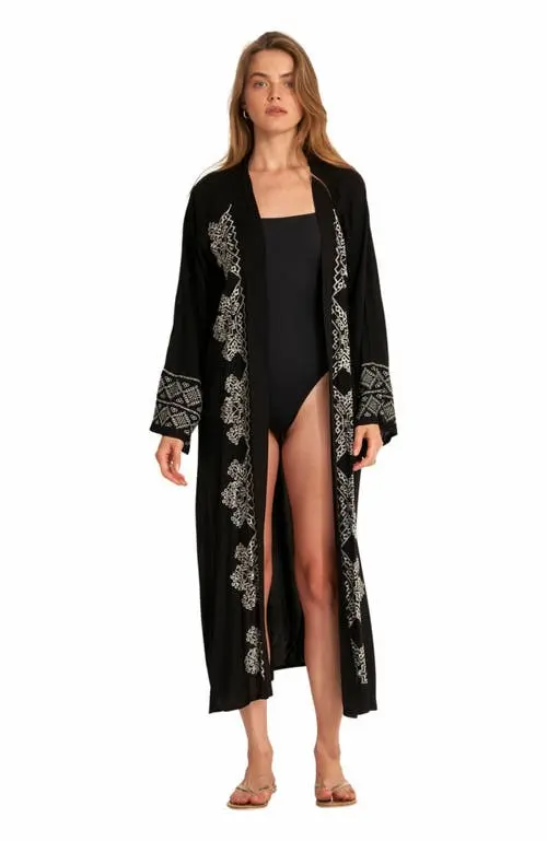 GOTTEX BEACH LIFE Embroidered Swim Cover Up Kimono - Black