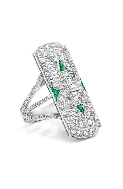 MINDI MOND Filigree Diamond & Emerald Dinner Ring - Platinum/ Diamond/ Emerald