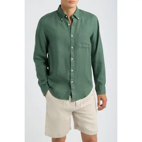 ALEX CRANE Playa Linen Button-down Shirt - Pine