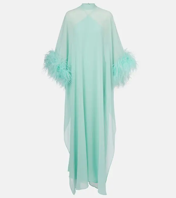 TALLER MARMO Penelope Feather-trimmed Silk Kaftan - Blue