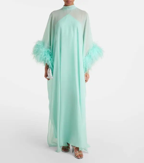 TALLER MARMO Penelope Feather-trimmed Silk Kaftan