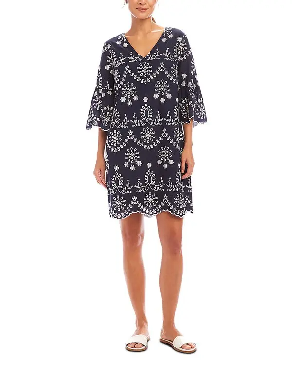 Karen Kane Embroidered Flare Sleeve Dress - Navy/ Off White