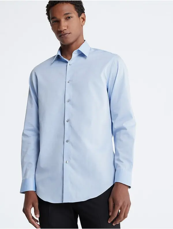 Calvin Klein Cotton Herringbone Slim Fit Dress Shirt - Blue
