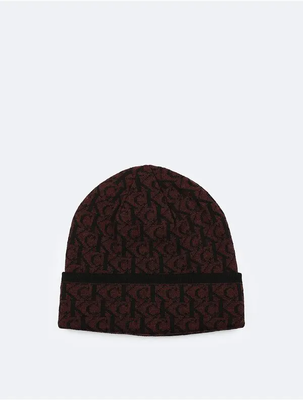 Calvin Klein Allover Monogram Logo Beanie - Black/tawny Port