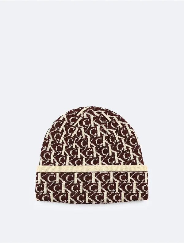 Calvin Klein Allover Monogram Logo Beanie - Tawny/unbleached