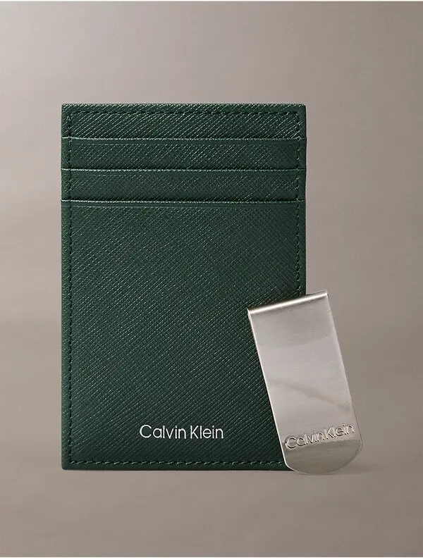 Calvin Klein Refined Saffiano Card Case + Money Clip - Green Palm