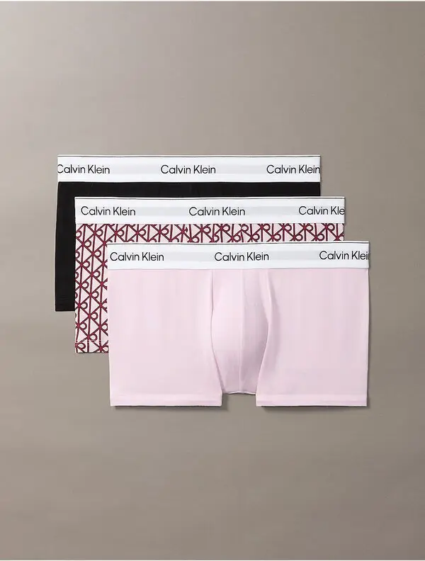 Calvin Klein Icon Cotton Stretch 3-pack Low Rise Trunk - Black/bijou Modern Emblem Outline Spring Lilac/spring Lilac