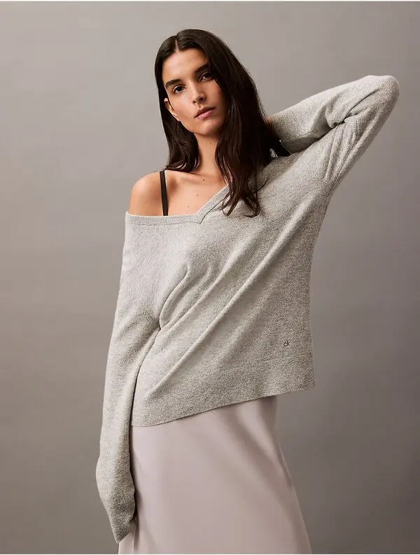 Calvin Klein Cashmere V-neck Sweater - Light Heather Gray