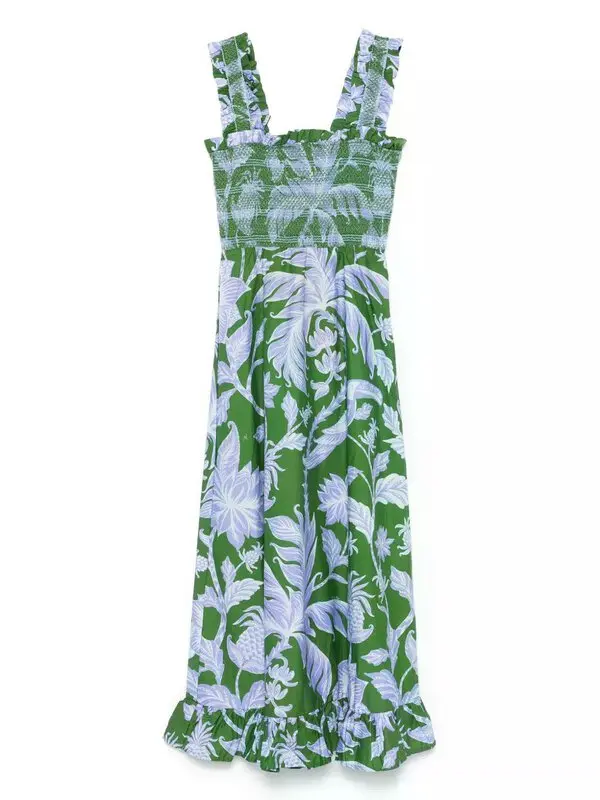 knee length dresses for ladies Kelly Green and Cream Tropical Leaf Print Midi Dress main image 1