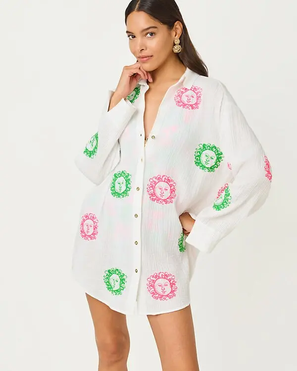 LILLY PULITZER Kwitney Long Sleeve Cover-up - Resort White Fleur De Lilly Embroidered Coverup