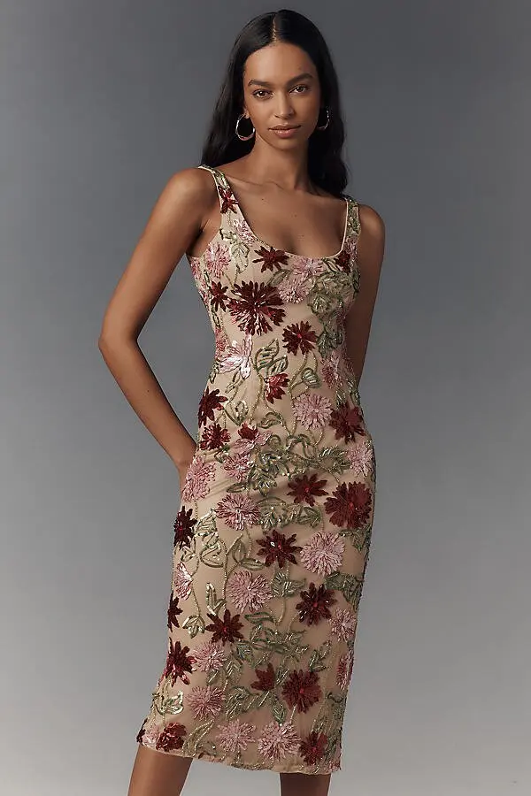 Mac Duggal Floral Beaded Mesh Midi Dress