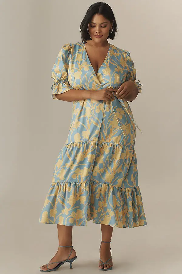HUTCH Puff-sleeve Wrap Midi Dress