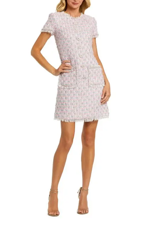 Mac Duggal Cap Sleeve Floral Button Detail Shift Dress - Pink Multi