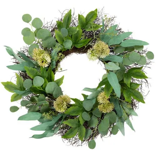 NORTHLIGHT Eucalyptus And Olive Leaf Twig Spring Wreath - Green