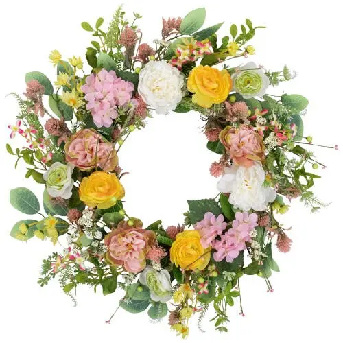 NORTHLIGHT Rose And Hydrangea Floral Spring Wreath26" And Yellow - Pink