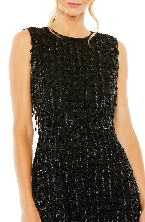 Mac Duggal Beaded Fringe Sleeveless Midi Dress - Black